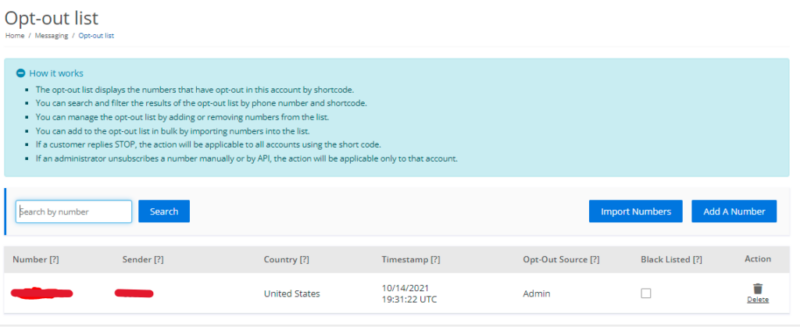 Opt-Out List - Skycore: Manage the list of numbers that opted-out