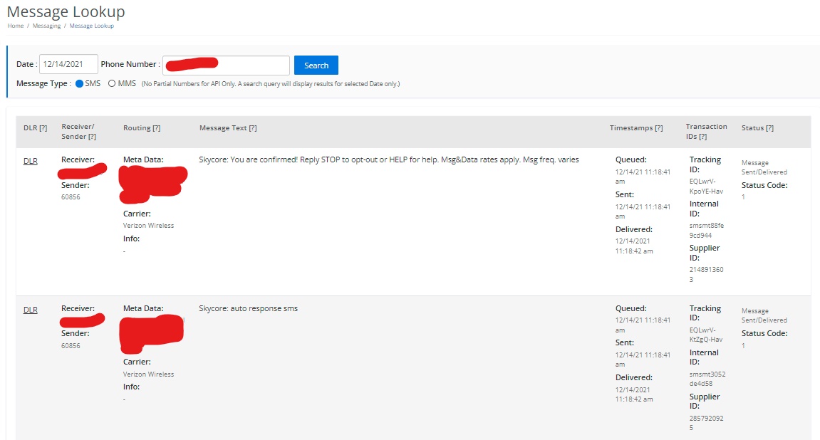 Message Lookup - Skycore
